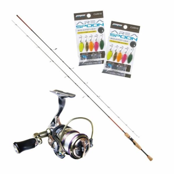 エリアトラウトゲーム入門に最適、トラウトロッド＆ライン付きスピニングリール、ルアー（1gと2gの２種）のセットロッドはハンドルににコルク素材を採用。リールは金属スプールにメタリックカラーとなり、入門セットモデルとは思えない所有感の高い物とな...