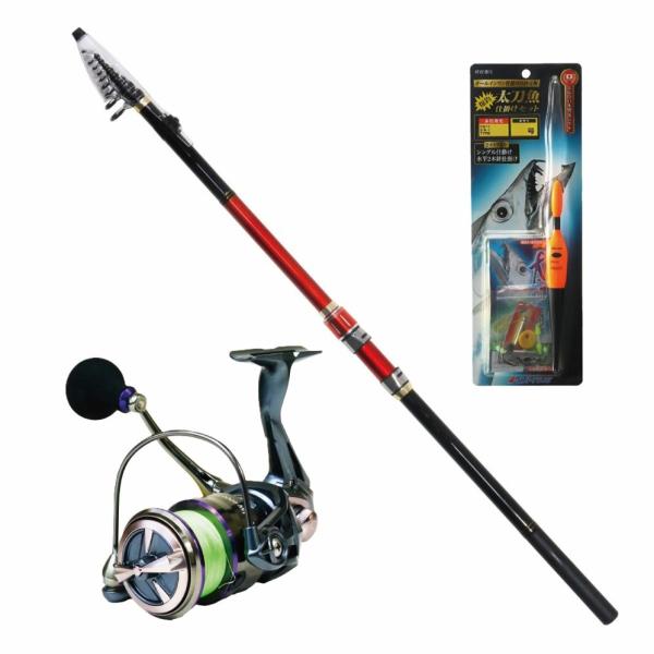 防波堤からのタチウオ狙いに組んだ専用のセットです。おり釣具オリジナルの遠投竿「フライデー磯遠投」とスピニングリール「フライデー3 XE4000 1.5号200m付」を組み合わせ、タチウオ釣り専用の仕掛けセットが付帯しています。