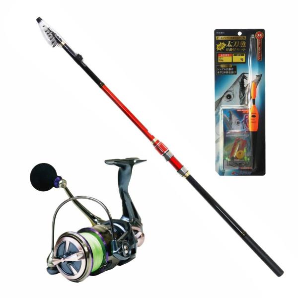 防波堤からのタチウオ狙いに組んだ専用のセットです。おり釣具オリジナルの遠投竿「フライデー磯遠投」とスピニングリール「フライデー3 XE4000 1.5号200m付」を組み合わせ、タチウオ釣り専用の仕掛けセットが付帯しています。