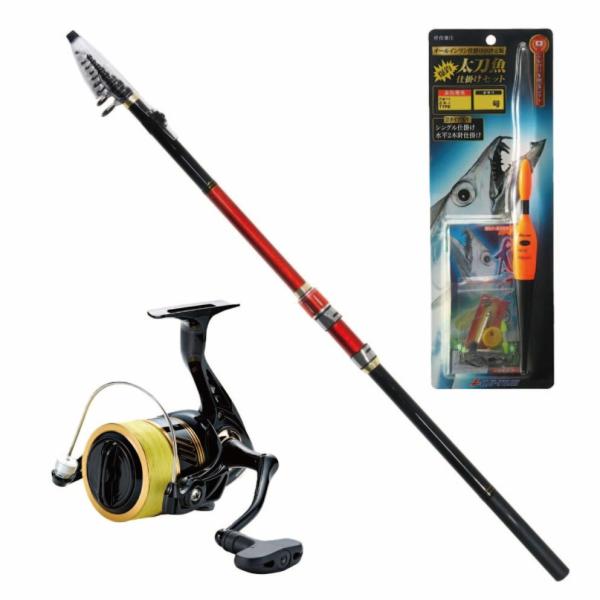 防波堤からのタチウオ狙いに組んだ専用のセットです。おり釣具オリジナルの遠投竿「フライデー磯遠投」とスピニングリール「ウェスカー4500 PE2.0/200m付」を組み合わせ、タチウオ釣り専用の仕掛けセットが付帯しています。