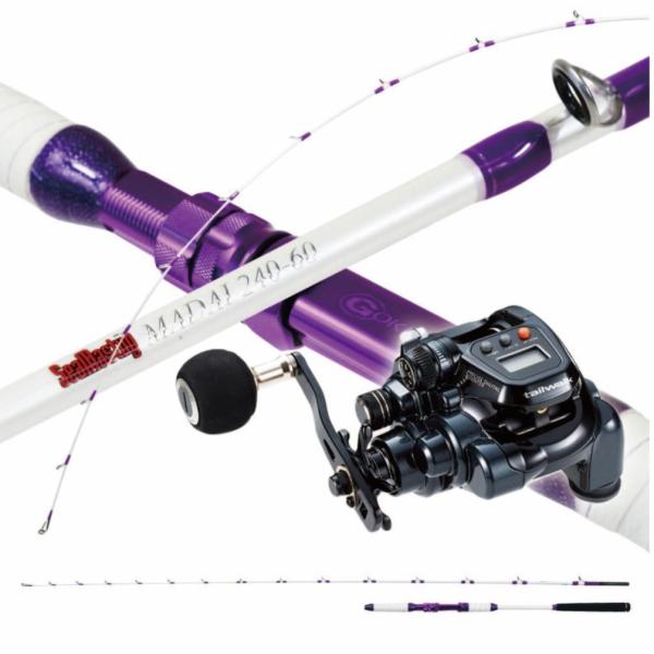 おり釣具オリジナルのグラスソリッドのムーチングアクションロッド、コマセマダイ専用ロッドとテイルウォークの小型電動リール「エラン」のセット。テープ巻きのグリップとアルミリールシートを装備した本格的コマセマダイ竿の軽快な使い心地と小型電動リール...