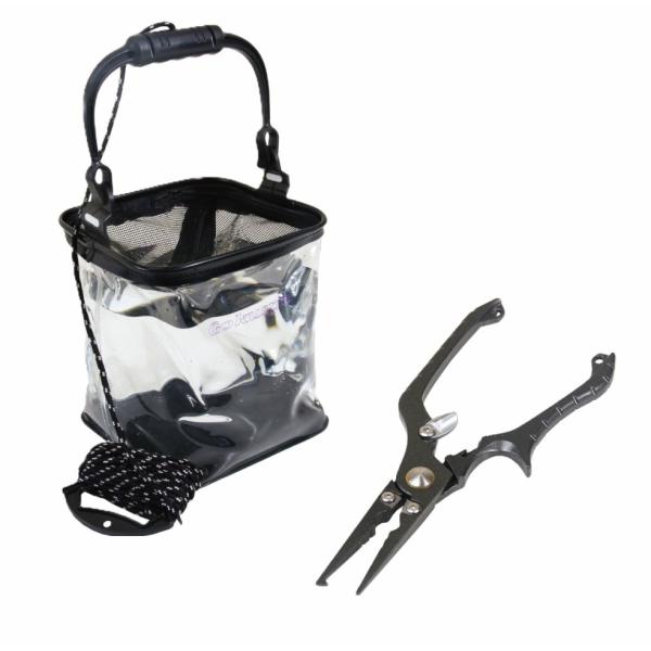 ショア、オフショアに限らず釣行に際して持っていたら大変便利なツールのセット。簡易的なタックル、ウエダーなどの洗浄やライトゲームの獲物を簡易的にキープするのに便利な水くみバケツとおり釣具オリジナルのプライヤーをひとまとめにしたセットです。