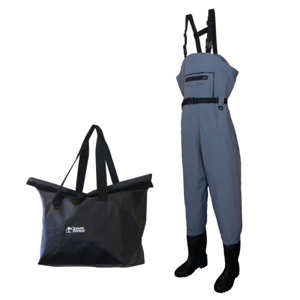 耐久性と機能性を兼ね備えたブーツ一体型チェストハイウェーダーと収納に便利な防水バッグをセットにしました。