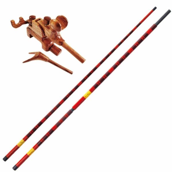 管理釣り場で多用する6尺から16尺竿に細かく対応する小仕舞仕様の竿掛けの「無心 燦 総塗り 竿掛け 二本物 小仕舞」と、おり釣具オリジナル カリン大砲万力のセットです<br><br>※万力のコミ部分は未調整となってお...