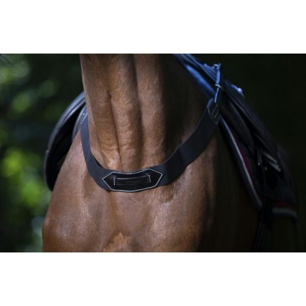 ワンタッチ胸ガイが登場しました！激しい運動やジャンプ時に鞍のズレを防ぐ頼れる頼もしいアシスト役。馬体の胸前には幅広硬化ゴムを使用し、鞍ずれを防ぎつつも、馬の動きを邪魔しない柔軟性。胸前にはマルタンを通せる革ベルト付ブラックとダークブラウンの...