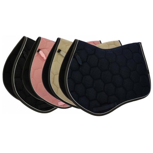 表はピーチスキンのような肌触りなふっくらとした六角形のキルティングが施され、裏は速乾性のあるメッシュ裏地なので湿気や熱を逃がします。キコウに向けてしっかりとした立体カーブなので馬体ラインにフィットしやすくキコウを保護しやすいです。大き目のニ...