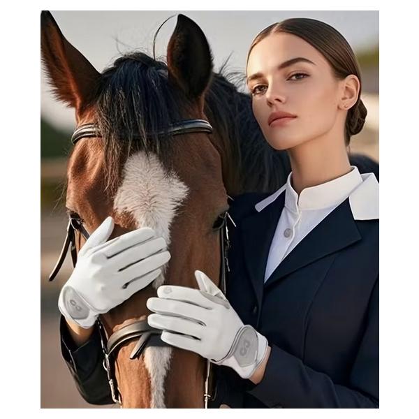 手のひら全体にシリコンが施されたノンスリップな馬術競技会向けの白のグローブコットンのような柔らかい生地なのでストレッチが非常に効いています。親指間にも補強生地が付いています。手首にはベルクロテープ付・人差し指にはスマフォ対応表は競技会用のホ...