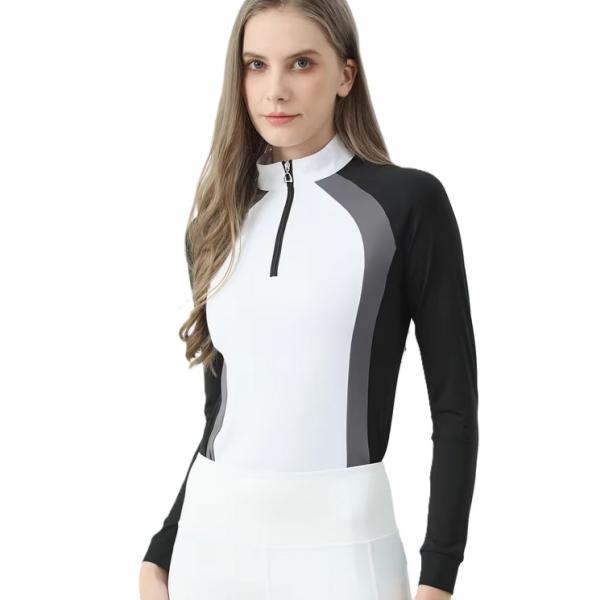 ジャケットを着用せずとも、タイを締めずとも、そのエレガントなデザインが魅力！。真夏の競技会でジャケット免除となった場面でも３カラーがスタイルをきれいにみせてくれます。長袖とハイストレッチ素材にスタンドカラー、カラーブロック、ジッパーディテー...