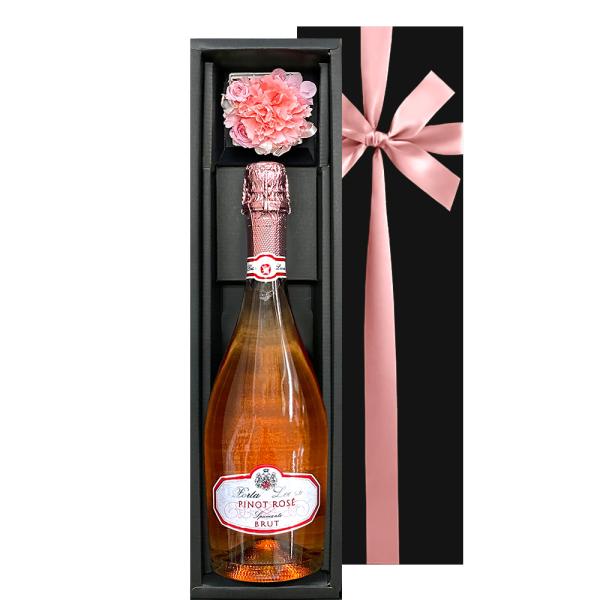 ロゼスパークリングワインとピンクのカーネーションをアレンジしたミニボックスフラワーのギフトセット。●ロゼスパークリングワイン(辛口)ポルタ・レオーネ・ピノ・ロゼ・スプマンテ・ブリュットPORTA LEONE PINOT ROSE SPUMA...