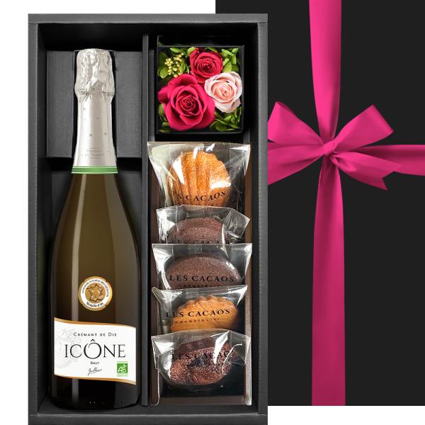 【発売日：2022年10月19日】華やかな3点セット！フランスのスパークリングとプリザーブドフラワー、東京の人気店レ・カカオの焼き菓子のギフトセットです。●スパークリングワインジャイアンス「キュヴェ・イコン・ブリュット・クレマン・ド・ディー...