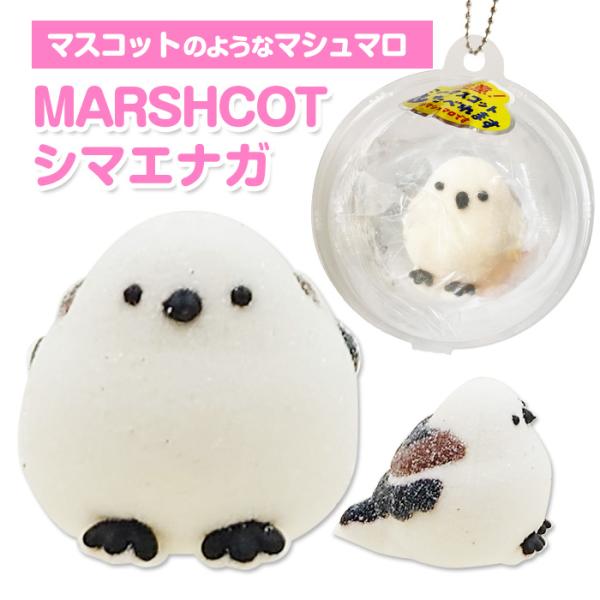 マシュコット シマエナガまるでマスコットぬいぐるみのような、ふわふわ・もちもち食感の動物マシュマロ。透明カプセルに入っているので、キーホルダーのようにバッグにつけても可愛い♪見た目の可愛さはもちろん、SNS映えも抜群！ケーキやスイーツにデコ...