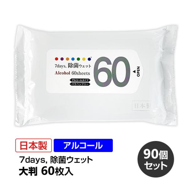 たっぷり使える大容量60枚入り除菌シート90個まとめ買い★１個  178円（税込 195.8円）★エタノール等を配合した除菌に適したウェットティッシュ。たっぷり使える大容量60枚入り。大判シートで、手指、身の回りの拭き取りに使用できます。あ...