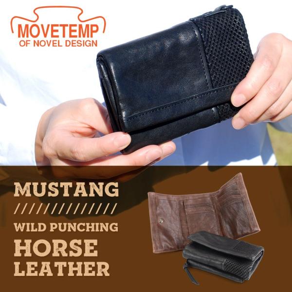 名称：MOVETEMP Mustang トライフォールドウォレット/三つ折り財布実寸：縦 約90mm × 横 約130mm × 厚 約45mm重量：171g（天然素材特有の個体差により±10％の誤差はご了承下さい。）仕様：●札入れ×２●ファ...