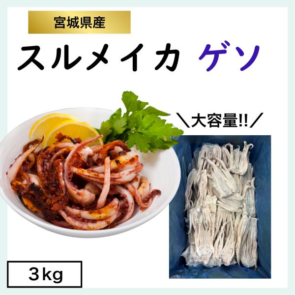 【商品内容】 冷凍スルメイカ　ゲソ【内容量】 冷凍スルメイカ　３kg【原材料】 スルメイカ（宮城県産）【消味期限】 製造から１年【保存方法】 要冷凍-18℃以下【アレルギー表示】 イカ　（イカアレルギーの方はご遠慮ください。）【販売者】 大...
