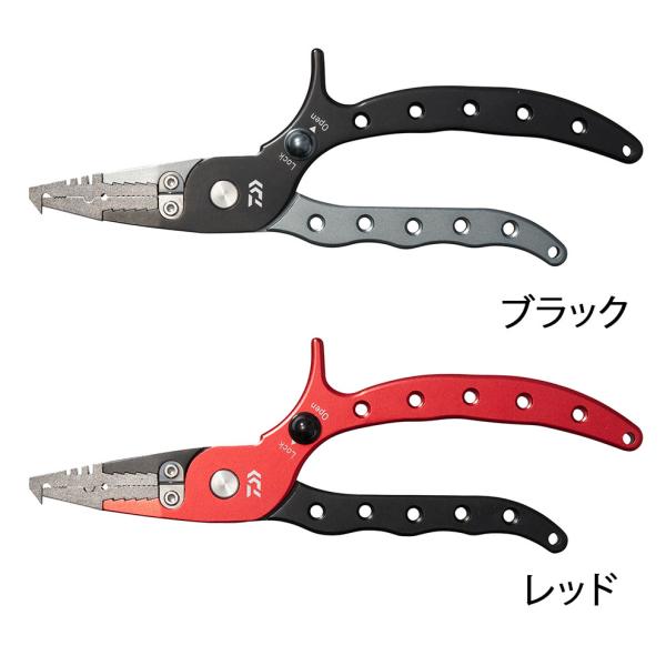 カラー:ブラック/レッド標準自重（g）:約135全長（mm）:約200適合リングサイズ:#5〜#11大型スプリットリング対応ワンタッチロック機能付き軽量アルミプライヤー■大型スプリットリング対応（＃5-＃11）■アルミプライヤーで軽量化を実...