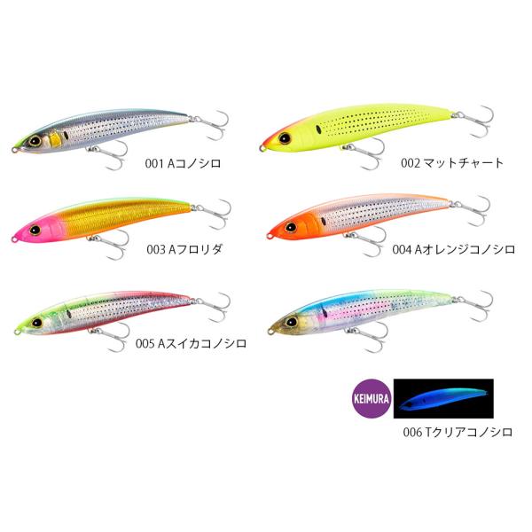 カラー:001 Aコノシロ002 マットチャート003 Aフロリダ004 Aオレンジコノシロ005 Aスイカコノシロ006 Tクリアコノシロタイプ:フローティング全長(mm):185重量(g):78飛距離(m):57スイムフォーム(角度(°...