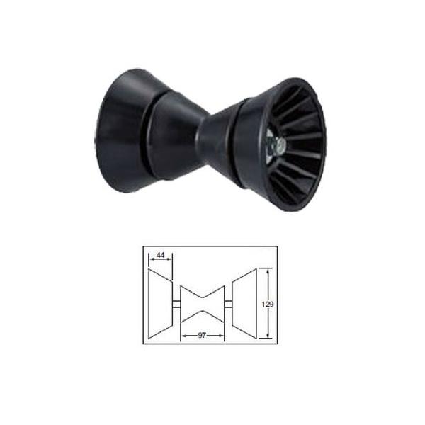 トレーラーに取りつけ、船舶のバウ（船首）部分に当てて、固定する樹脂製のガード（あて）です。ローラー径 129 ｘ 全長 185 ｘ 中心シャフト径 12.7ｍｍ