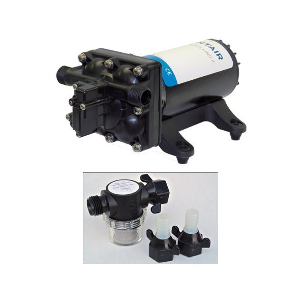 家庭用シャワーのような水圧を供給します。アキュムレーターを使用せずに任意の吐出量に変える事が出来ます。1/2インチホースフィッティング、ストレーナー付属。吐出量：15.1Ｌ/分　停止水圧：55psi　最大電流：7A　サイズ：254ｘ127ｘ...
