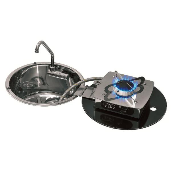 シンクのガラスカバーの裏に 1バーナーガスコンロが取付けてあり、使わない時はシンクの中にすっぽり収まってしまう 画期的なオールインワン型ギャレーシステムです。■シンク内壁には折りたたみ式シングルフォーセットも装備。１台にミニキッチンの機能が...