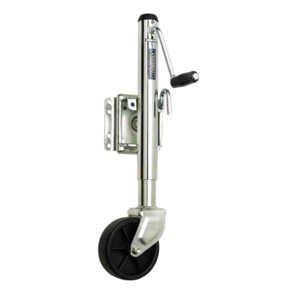 ・トレーラーフレームが、76×127mmまでのものに取り付け可能なトレーラージャッキです。・タイヤ部分は、プラスティック製。本体スチール＋亜鉛メッキ仕上げ。・ジャッキ部分は、トレーラーフレームに取り付けた部分を中心に、90°跳ね上がります。...