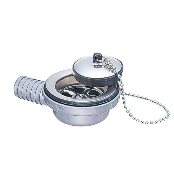 ■ボートやキャンピングカーに取りつけるシンク（流し）用の排水金具です。■Ｌ型なので、シンクの下側にスペースが無い場合に最適です。■ボウルに水を貯めるためのキャップ付です。■樹脂＋ステンレス製。■内径25mmのホースに対応しています。■当社商...