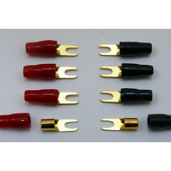 高品質 24Kゴールドメッキ端子■「Y型-8ゲージ用」（OGT-8G）赤黒チューブ付の各4セット（計8個）24K金メッキ端子は、表面が柔らかくターミナルの接合部における表面積をかせぐ事ができます。又経年劣化に強く安定した伝導率を長期間にわた...