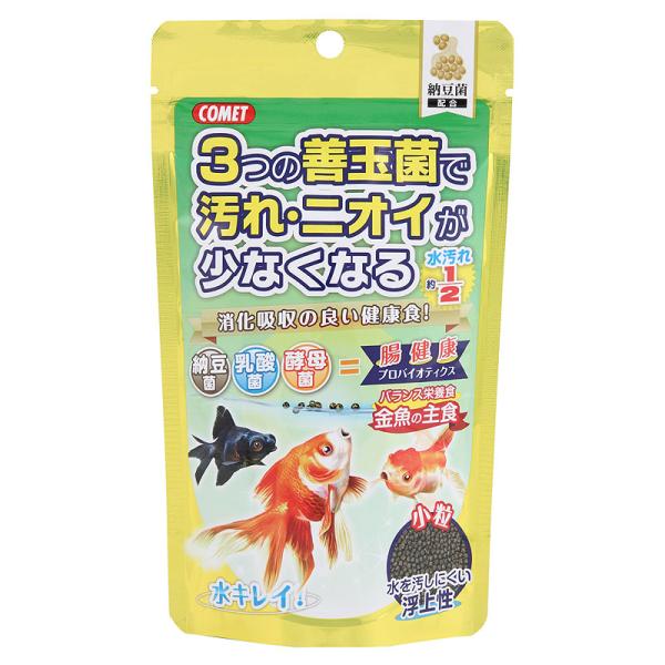 納豆菌に加え、新たに乳酸菌と酵母菌を配合。この3つの善玉菌の力で金魚の腸内細菌のバランスを整え、水の汚れや嫌なニオイを減らします。健康に育つビタミン配合のバランスフードで、小さい金魚に最適な浮上性の小粒です。