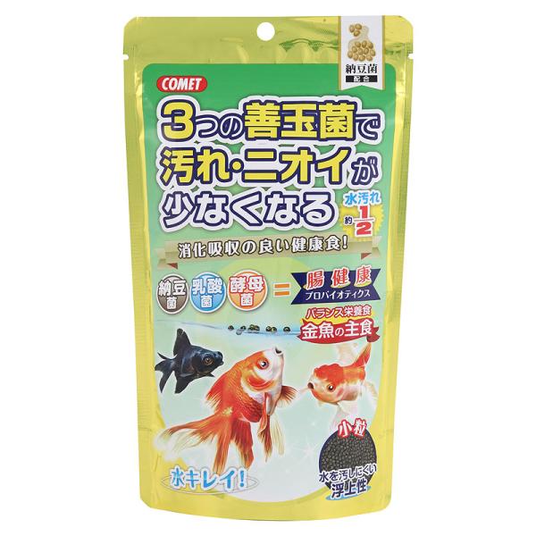 納豆菌に加え、新たに乳酸菌と酵母菌を配合。この3つの善玉菌の力で金魚の腸内細菌のバランスを整え、水の汚れや嫌なニオイを減らします。健康に育つビタミン配合のバランスフードで、小さい金魚に最適な浮上性の小粒です。