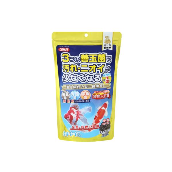 善玉菌の力でニオイ・汚れを減らします。納豆菌により消化吸収を助け、排泄物の分解力も向上し、更に継続的に与えると飼育水の嫌な臭いを軽減します。健康に育つビタミン配合のバランスフードで、浮上性の中粒です。