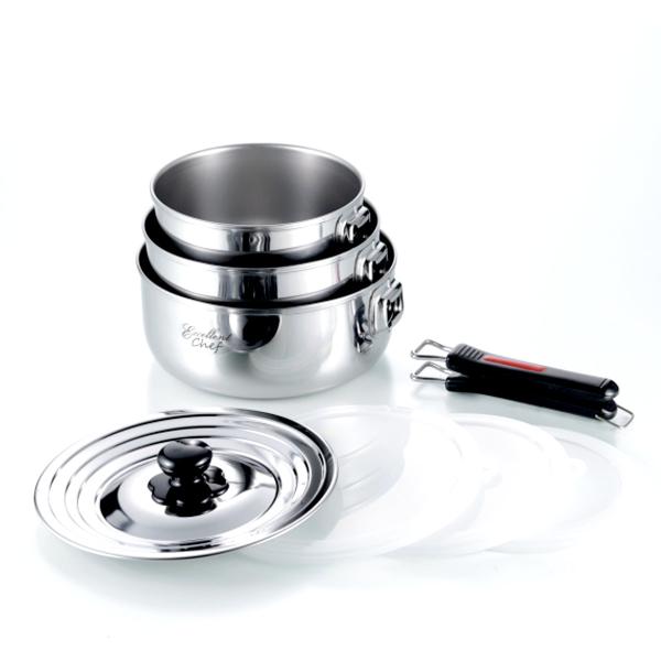 ステンレス製、16、18、20cmの取っ手の取れる鍋3点セット