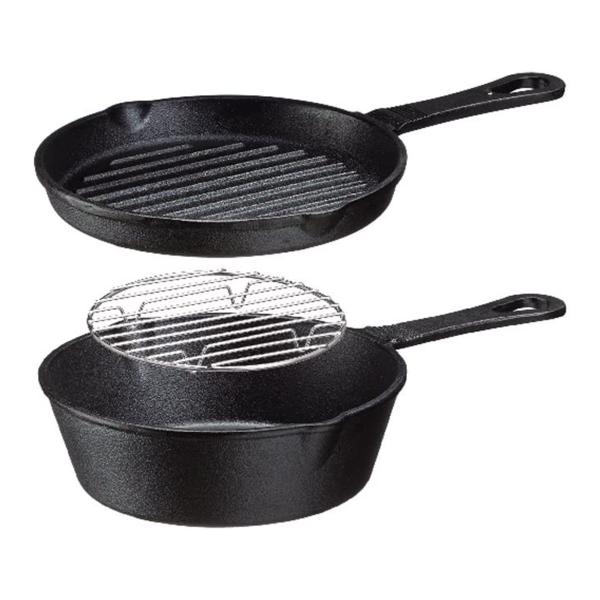 鉄鋳物フライパン深型、浅型とアミのセット鋳物の遠赤外線効果で食材本来の持つ旨味を引き出す網をセットすれば燻製も楽しめる蓄熱性に優れ、そのまま食卓へ出しても、あったか長持ち浅型のフライパンをフタとしても利用できるIH・ガス火・オーブンに対応【...