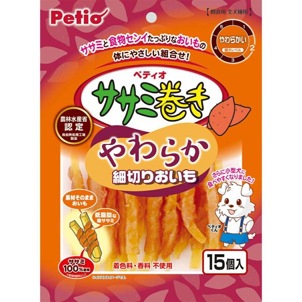 ・食物センイたっぷり細切りおいもに低脂肪な鶏ササミを巻いて小型犬にもぴったりなやわらかさ・サイズに仕上げました。・着色料・香料不使用。・農林水産省認定　鳥加熱処理工場製造。