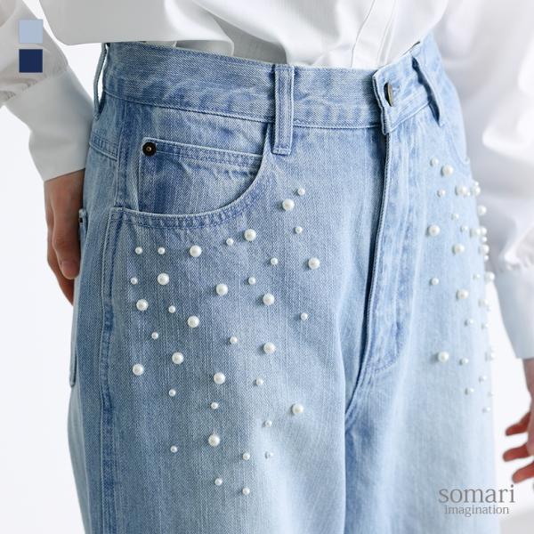 デニム ボトムス パンツ ジーンズ 長ズボン ストレート フェイクパール コットン100％ オシャレウォーカー レディース 【TP】 ロングデニム ストレートデニム イミテーションパール パール調 無地 綿100％ おうちで洗える 春 夏 ...