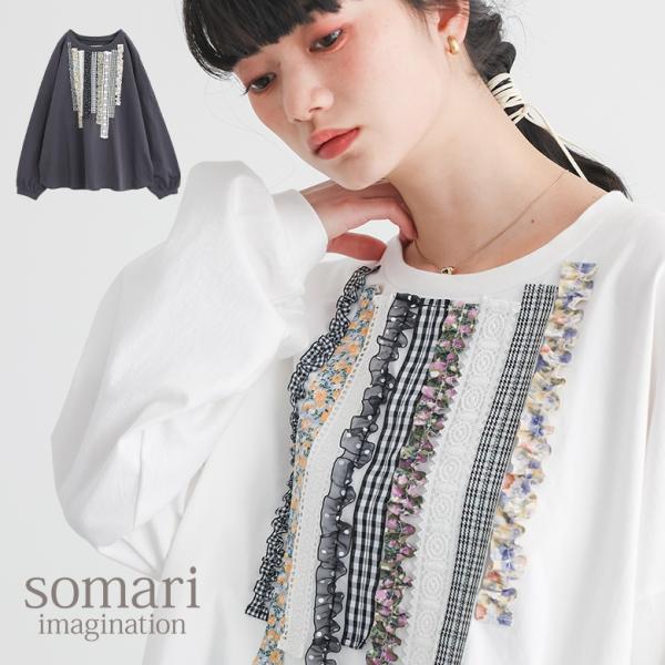 カットソー 長袖 レディース トップス ロンT 綿100％ コットン100％ レース テープ クルーネック プルオーバー 春 秋 【TP】 Tシャツ ホワイト 白 オフホワイト 袖口リブ ショート丈 ミディ丈 ミドル丈 ギャザー チェック柄...