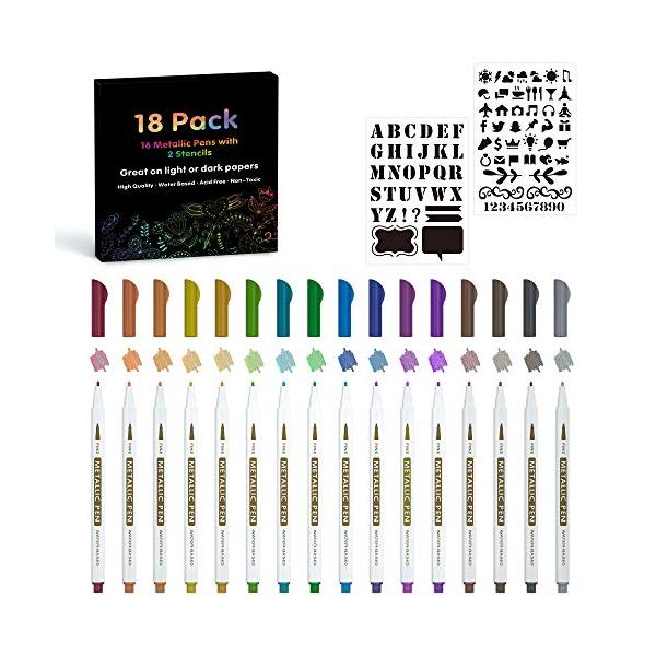【商品概要】【多彩な色】16色高品質のメタリック色のマーカーペンセットです。鮮やかな発色で、色合いがよくて書きやすいし、角度や力加減を変えることで線の太さ（約1〜3mm）を調整できます。ステンシルシール2枚はギフト付きです。キャリーケースが...