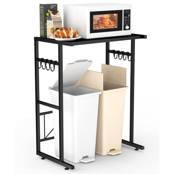 【商品名】　Holdm ゴミ箱上ラック レンジラック スチール 伸縮 40-60×奥行40×高さ86.5cm 耐荷重25? フック8個付 アジャスター付 【商品説明】　・【お手入れやすいスチール天板】 熱・傷・汚れに強いメタルラックレンジ台...