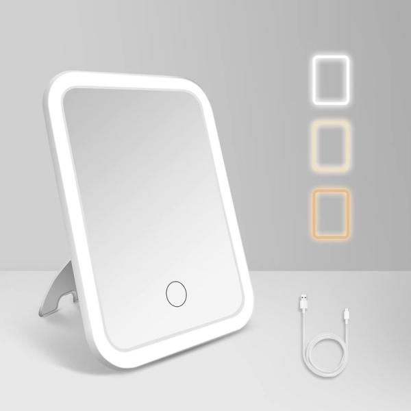 【商品名】　tekstap ライト付きミラー、3色モード 明るさ調節可能 鏡 ライト付き、持ち運びに便利 led ミラー 軽量、充電式 化粧 鏡 led 【商品説明】　・☆ 3色モード 明るさ調節可能：ライト付きミラーの下部にあるボタンをク...