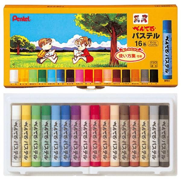 【商品名】　ぺんてる パステル 16色 5個 GHSR-16 【商品説明】　・【カラー】16色【数量】5個・【サイズ/重さ】206×102×15mm/200g・【材質】箱=再生紙 中仕切=PET　ラベル=紙　色軸=顔料・体質顔料・ワックス・...