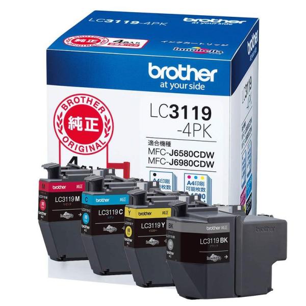 【商品名】　ブラザー工業 brother純正インクカートリッジ4色パック(大容量) LC3119-4PK 対応型番:MFC-J6983CDW、MFC-J 【商品説明】　・ブラザー純正インクは製品本体の性能を十分に発揮するために研究を重ね、開...