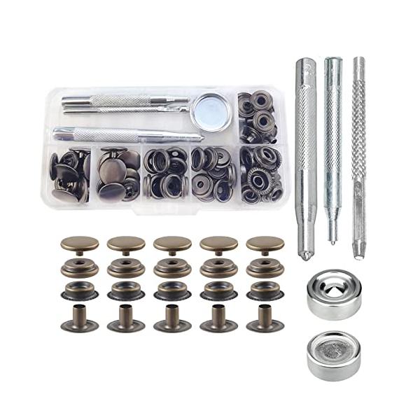 ・黒ニッケル  ・・Color:黒ニッケル・商品仕様：ホック18組と（各セットには4つのパーツ：フロント、メス、オス、バック），レザークラフト工具*4+収納ボックス。・取付簡単：はめ込み式なので、ただポンチで打てば使えます。（注：強くぶつけ...