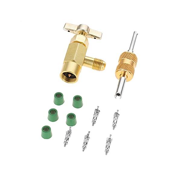 【商品内容】R134a用タップバルブ1個、ムシ回しドライバー1本、1/4ホース用ゴムパッキン5個、バルブコア5個(R12、R410a、R32用)。・【適合性】R134a用タップバルブの缶切り側は内ネジＭ14サイズねじ込みタイプ、市販のHFC...