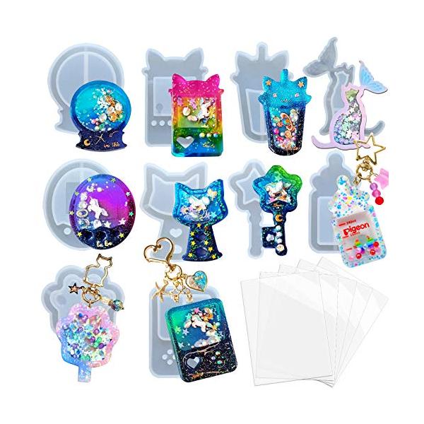 ・  2844-2852 2926=5・エポキシ樹脂成型金型と透明シールフィルムの15枚セットです。 リキッドシェイカーレジンチャーム、ペンダント、ジュエリー製作用品。さまざまな形のモールドが含まれています_哺乳瓶、ゲーム機（たまご、四角）...