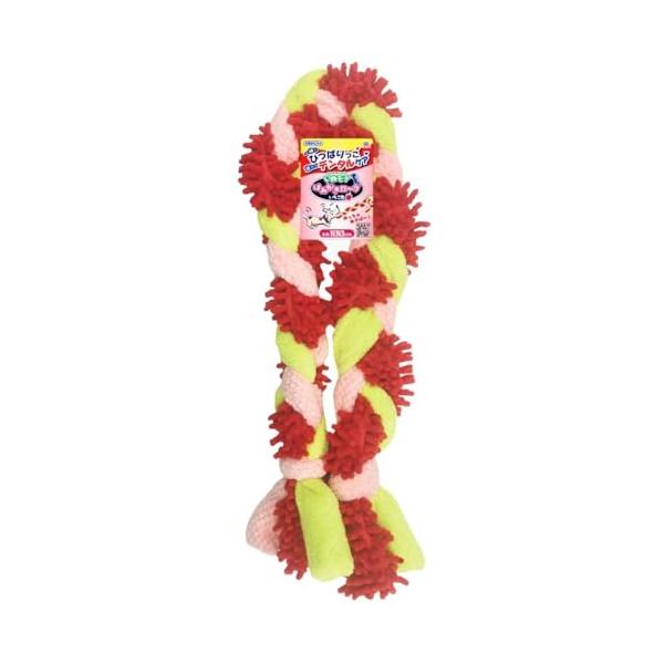 レッド×イエロー×ピンク/-/4994527972703・3種の生地マイクロファイバーが歯の汚れをかき取る！・3つ編み形状で丈夫だから長く遊べる！・3種の音色で楽しい！・いちご色のロープ形状でかわいい！