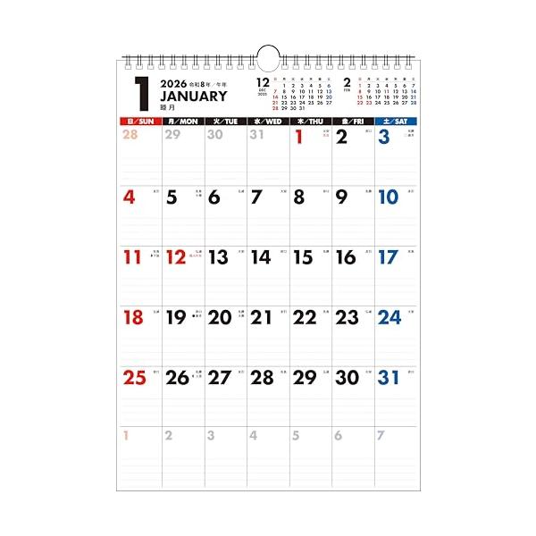 パッと予定が確認しやすい6週タイプのカレンダーです。3色印刷。六曜、二十四節気、月の満ち欠け入り。翌年の年間カレンダー付き。タテ364×ヨコ257ミリ。 （B4タテ／3色／タテ364×ヨコ257ミリ）