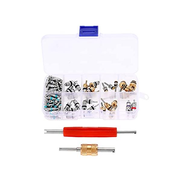 ・ゴールド  ・【商品内容】収納ケース付バルブコア100個入りキット、おまけにムシ回しドライバー2本付き、ほとんどのバルブコアに対応できます。バルブコアは7種あり、R12用バルブコア(35個ｘ2色、計70個)、R410・Ｒ32の家庭用エアコ...