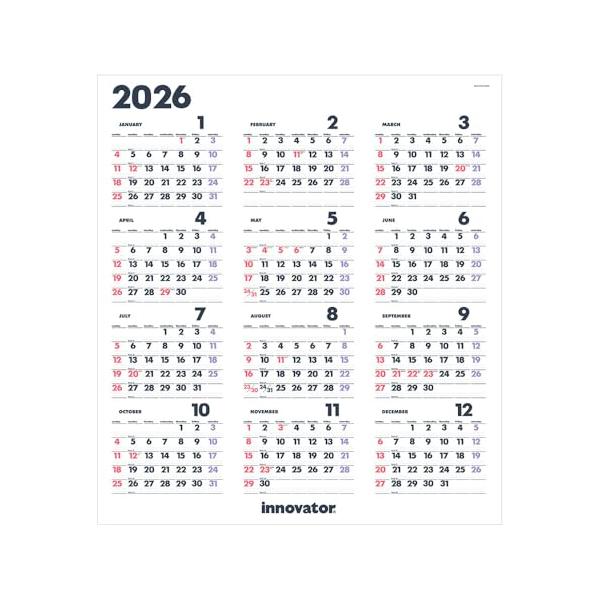 白/ポスター/31402006・Size:ポスター・パッケージ個数:1・イノベーターらしさを追求したカレンダー・日曜日始まり【掲載期間】2026年1月〜12月・【パッケージサイズ】H455×W50×D50mm【本体サイズ】H500×W450...
