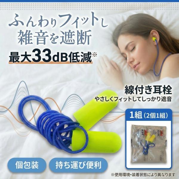・最大33dBの強力遮音性能で、いびき・工事音・飛行機の騒音をしっかりブロック！・高密度低反発フォームが耳の形にぴったりフィットし、ゆっくり膨らんで長時間でも耳が痛くなりにくい。・コード付きで耳栓をなくさず、片方だけ紛失を防ぎ、睡眠中や旅行...