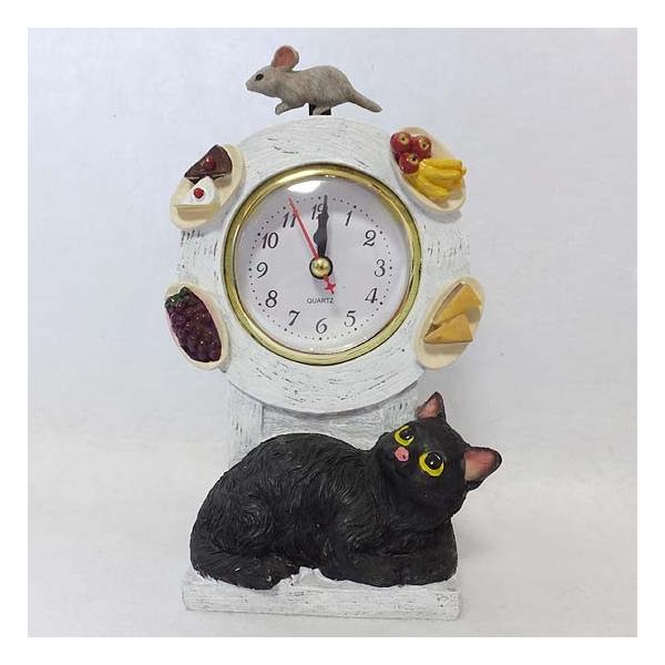 猫好きにはたまらない、かわいい置き時計です。てっぺんのネズミは振り子で動きます。ひとつひとつハンドペインティングで仕上げています。サイズ：約6×11×17.5cm単3電池×1本使用（別売）素材：ポリレジン(プラスティック素材)