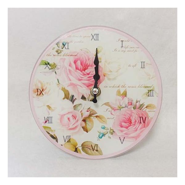ローズのイラストが素敵な時計です。置き型と壁掛け型、どちらでもご利用いただけます。これがあるだけで、お部屋がおしゃれな雰囲気になりますね。サイズ：直径17cm素材：ガラス単3電池1本使用（別売）