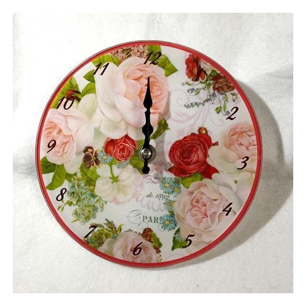 ローズのイラストが素敵な時計です。置き型と壁掛け型、どちらでもご利用いただけます。これがあるだけで、お部屋がおしゃれな雰囲気になりますね。サイズ：直径17cm素材：ガラス単3電池1本使用（別売）